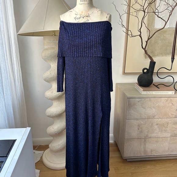 Uterque | Dresses | Uterque Blue Lures Open Shoulders Knit Midi Dress ...